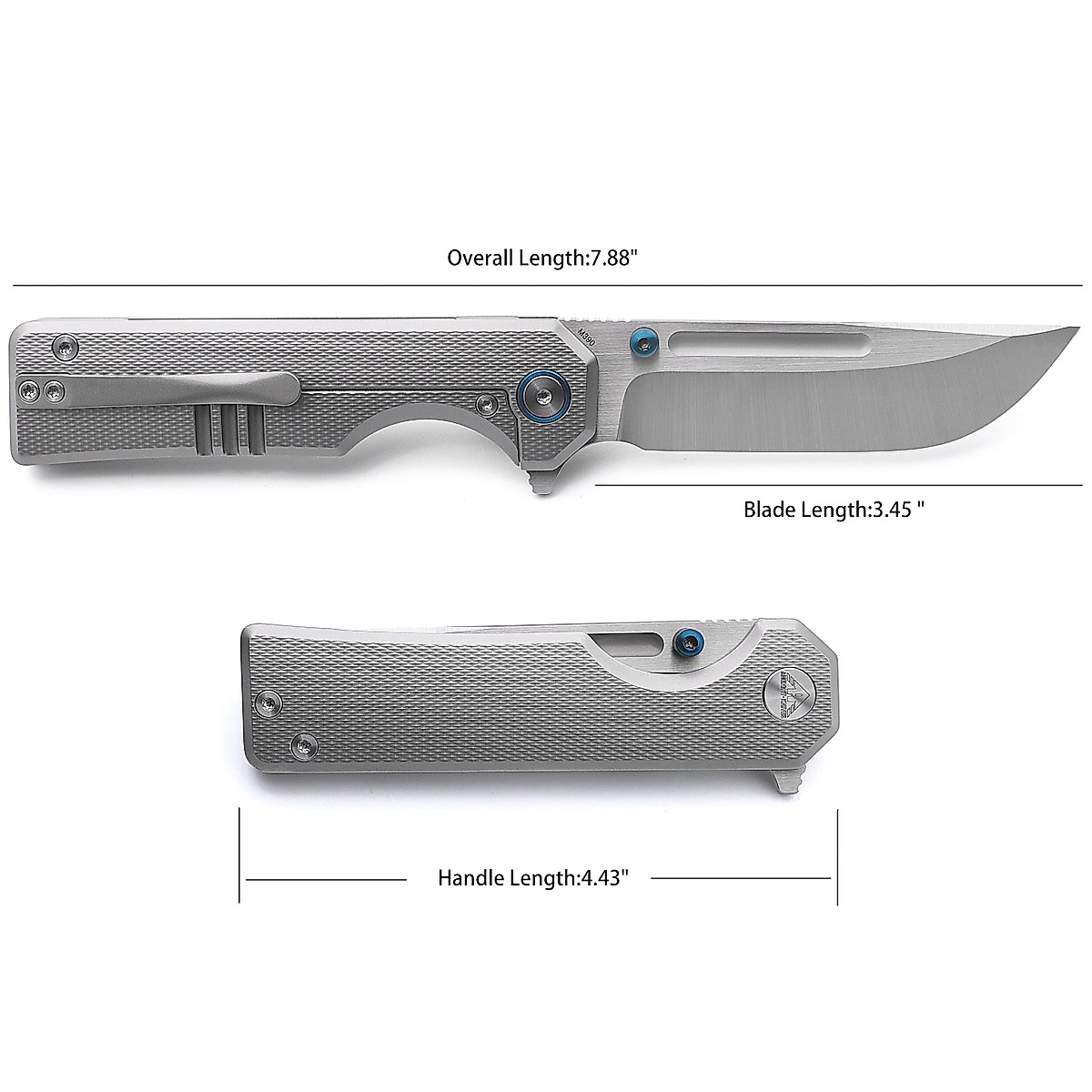 Ameight Knives Glear II Flipper Folding Knife 3.45" M390 Hand Hollow Ground Rubbed Satin Blade Sandblasting Titanium Handle Camping Hiking Pocket Knife AM8-007GYII