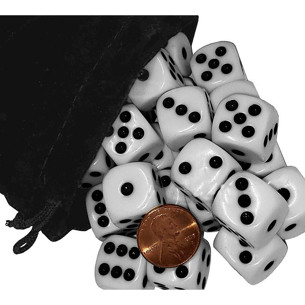 Cyber-Deals Set of 16mm Rounded Corners 6-Sided Opaque Pip Dice with Black Velvet Pouch ((30) White Pip Dice)