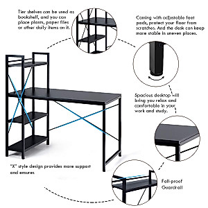 Tangkula Computer Desk with 4 Tier Shelves, Study Writing Table with Storage Bookshelves, Modern Compact Home Office Workstation, 47.5" Tower PC with Steel Frame & Adjustable Feet Pad