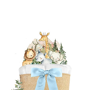 Sunshine Gift Baskets Safari Diaper Cake - Boy Gift - Burlap & Blue - 42 Pampers Swaddlers Size 1 (8-14lbs.) - Large 3-Tier 10in. x 10in. x 16in. Tall