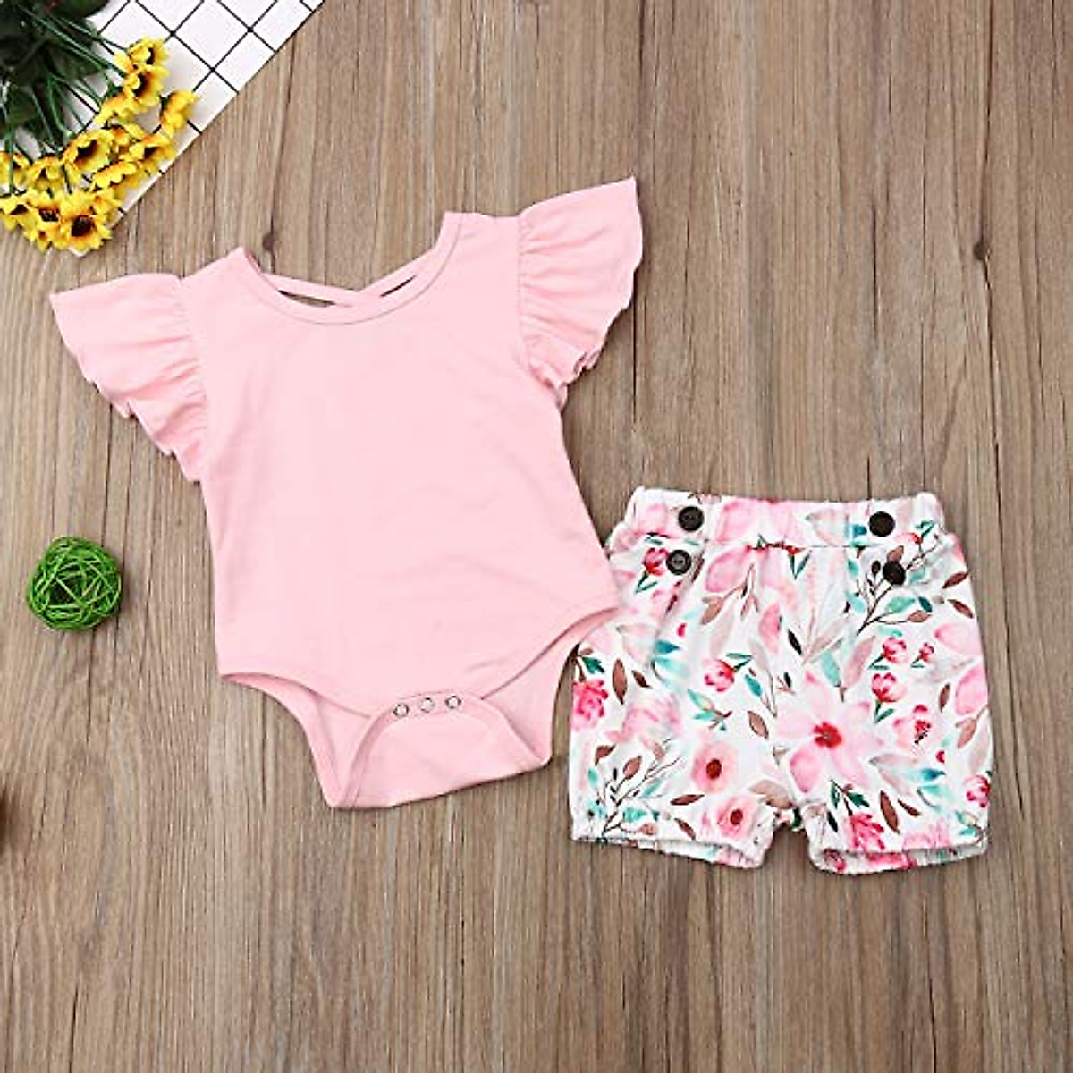 Multitrust Newborn Baby Girl Cotton Ruffled Short Sleeve Bodysuit Tops + Floral Shorts Baby Girl Clothes Set (A3 Pink, 12-18M)