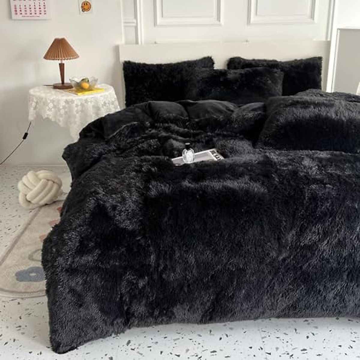 MR.FEATHER Duvet Cover Queen Size, Thickening Winter Fluffy Luxury Plush Shaggy Duvet Cover Sets Velvet Bedding Comforter Bed Sets 3 Pieces (Black, Twin)
