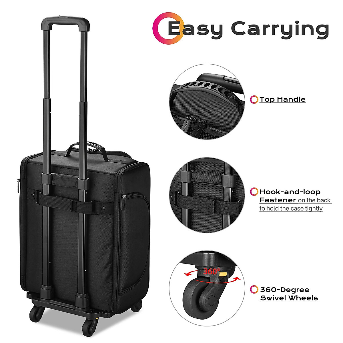 BYOOTIQUE Rolling Makeup Train Case Soft Sided Makeup Storage Cosmetic Organizer Carry on Travel Trolley Suitcase with Heat Isolation Side Pocket 6 Removable Bag for Makeup Artist Hairstylist, Black