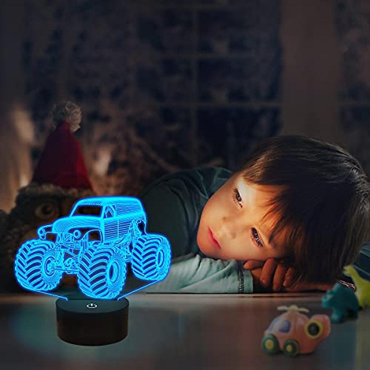 FULLOSUN Monster Truck Gifts, Car, Dirt Bike 3D Night Light for Kids (4 Patterns) with Remote Control & 16 Colors Changing & Dimmable Function & Gift Wrap, Xmas Birthday Gifts for Boy Girl (KIT1)