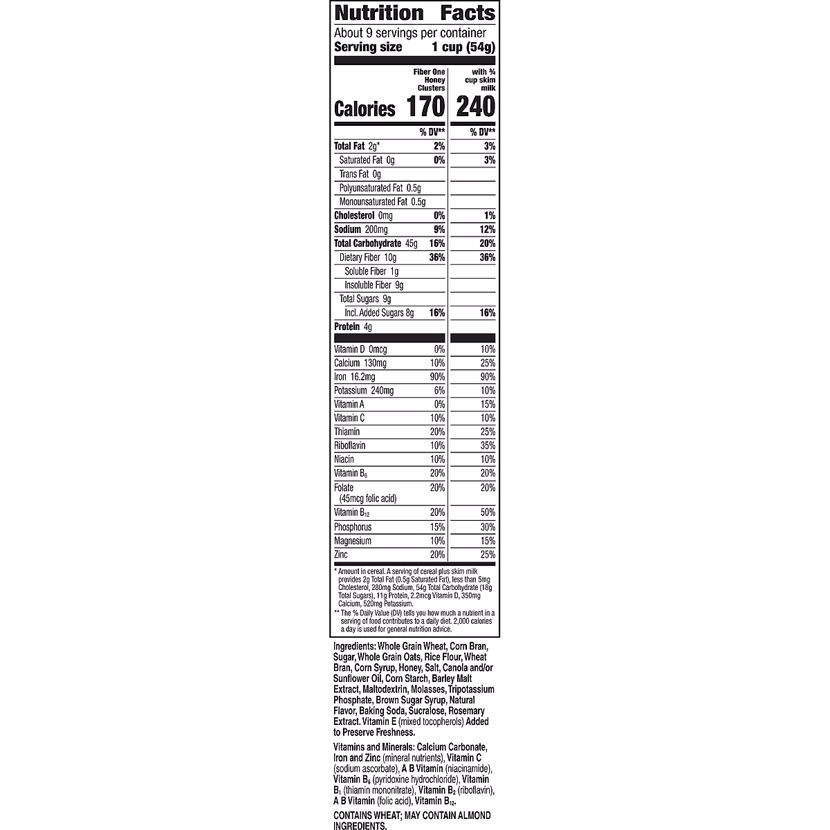 Fiber One Honey Clusters Breakfast Cereal, Fiber Cereal Made with Whole Grain, 17.5 oz