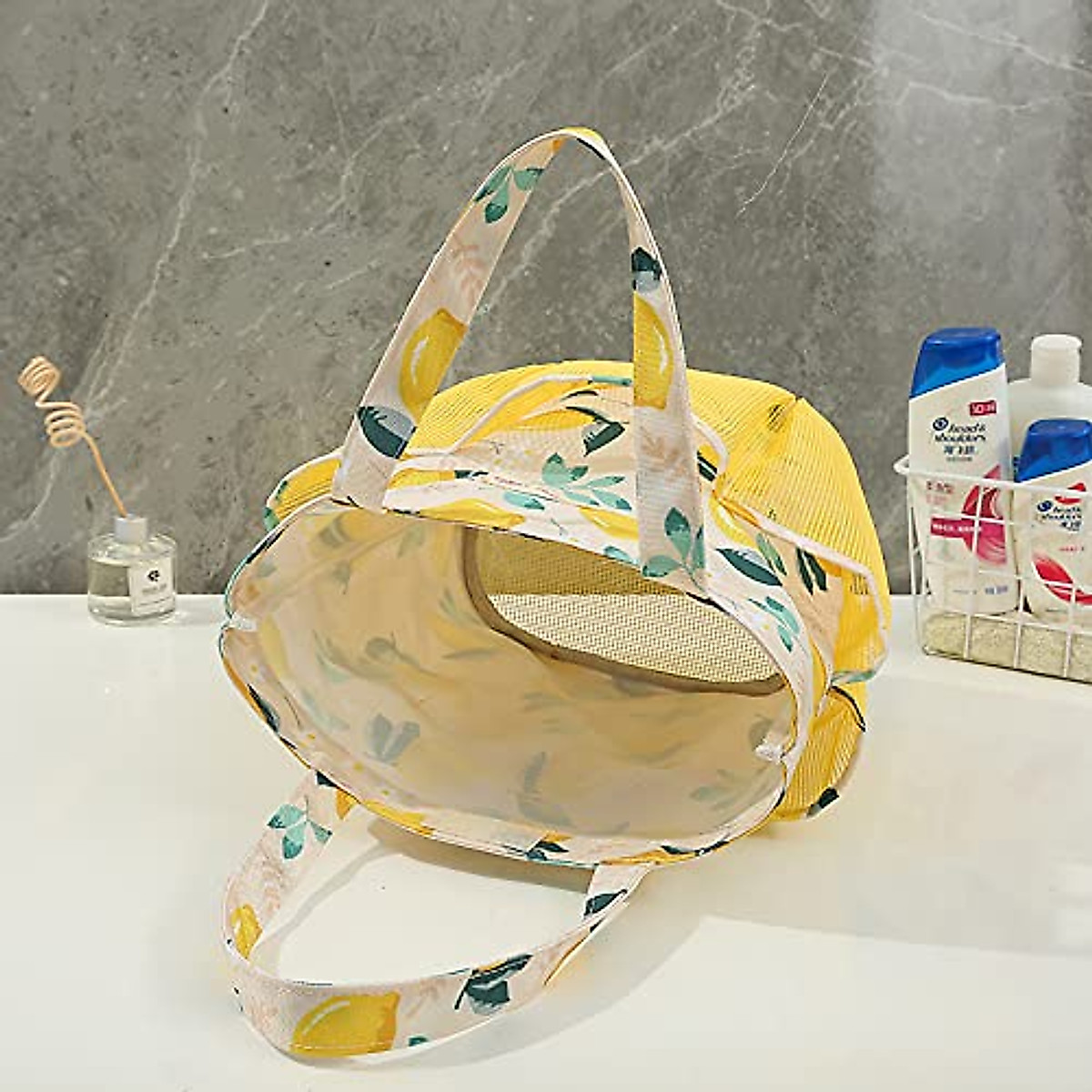 Mesh Shower Caddy Bag - Mesh Shower Basket for College Dorm Room Essentials, Portable and Light Quick Dry Bath Organizer for Beach Camp Gym (Yellow)