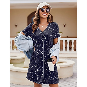 Ekouaer Women's Nightgown Button Down Nightshirt Short Sleeve Sleepshirt Soft V Neck Sleepwear Pajama Dress Navy Star XL