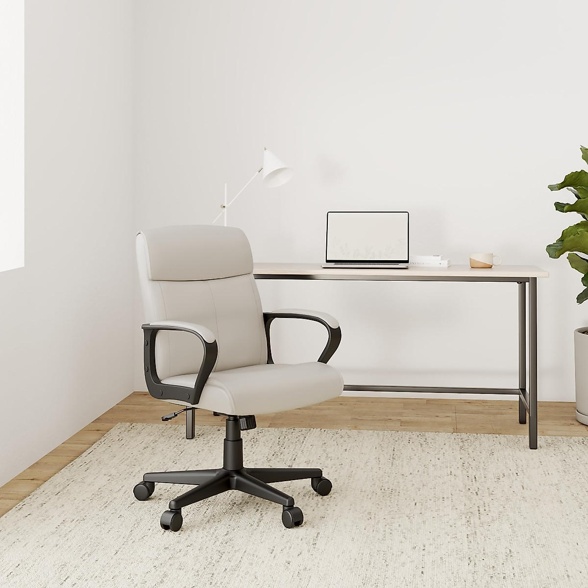 Executive Office Chair Computer Desk Chair with Padded Armrests, Ergonomic Chair Mid Back Lumbar Support and Adjustable Height & Tilt Angle Home Office Desk Chairs PU Leather Swivel Chair, Cream