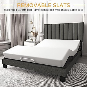 SWISH WEAVERS Queen Bed Frame Upholstered Platform with Adjustable Height Headboard, No Box Spring Needed, Non-Slip and Noise-Free, Easy Assembly Solid Wooden Slats (Light Grey)