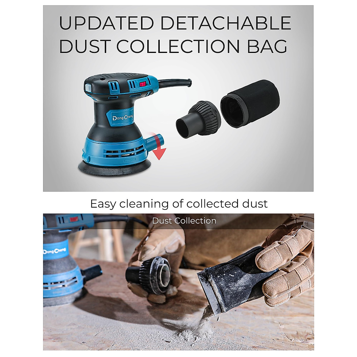 Dong Cheng 5” Random Orbital Sander, 3.0 Amp 12000OPM, 6 Variable Speed Electric Sander Kit with 10pcs Sandpapers & detachable Dust Collector, for Woodworking/Sanding/Polishing