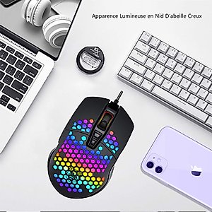 Lightweight Gaming Mouse, Honeycomb USB Wired Mouse with Backlight, 4000 DPI, RGB Computer Gaming Mouse for Mac, Laptop, PC (Black)