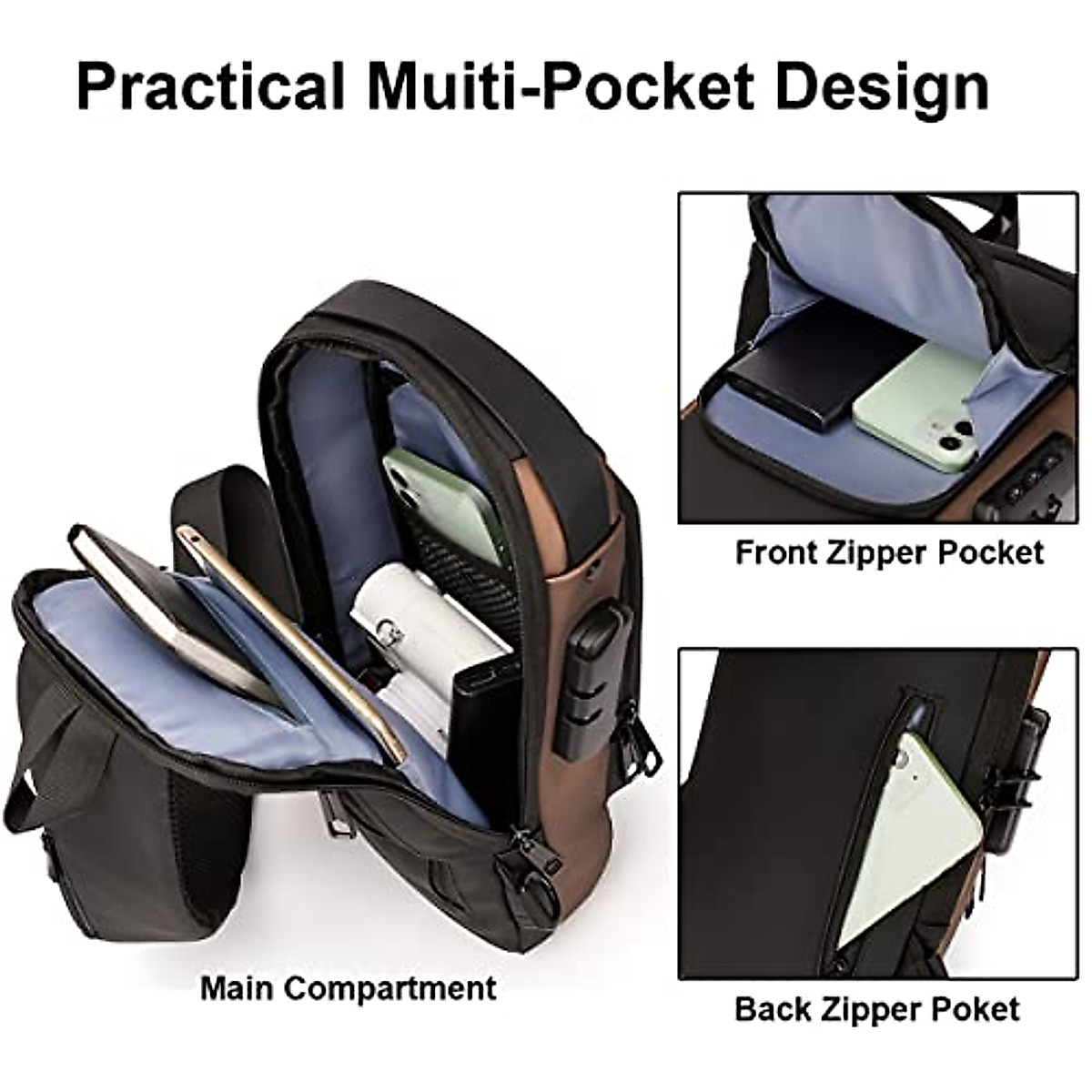 chinatera Anti-Theft Sling Bags for Men Women Crossbody Waterproof Chest Shoulder Bag Daypack Hiking Travel with USB Port