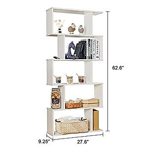 TinyTimes 5-Tier Wooden Bookcase, S-Shape Display Shelf and Room Divider, Freestanding Decorative Storage Shelving, 63'' Tall Bookshelf -White