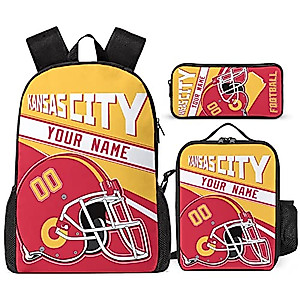 mdbozli Kansas City Custom Football Backpack 3 Piece Set Add Your Name And Nume School Bag with Lunch Box and Pen Case Set Gift for Boys Girls