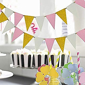 MerryNine Triangle Flag Bunting Banner, 3 Pack 30 Feet Vintage Style Pennant Banner for Wedding, Baby Shower, Event & Party Supplies 45pcs Flags (Triangle Flag - Pink White Gold Glitter)