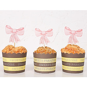 12Pcs Pink Bow Cupcake Toppers - Girls Birthday Party Decorations,Bow Tie Birthday Cupcake Toppers,Bachelorette Wedding Party Decorations,Pink Bow Girl Cake Smash Photo Props