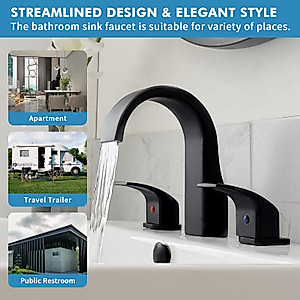 RUMOSE Matte Black Bathroom Faucet Widespread Bathroom Sink Faucet Two Handle 8 inch Bathroom Faucets for Sink 3 Hole, Brass Waterfall Mixer Taps