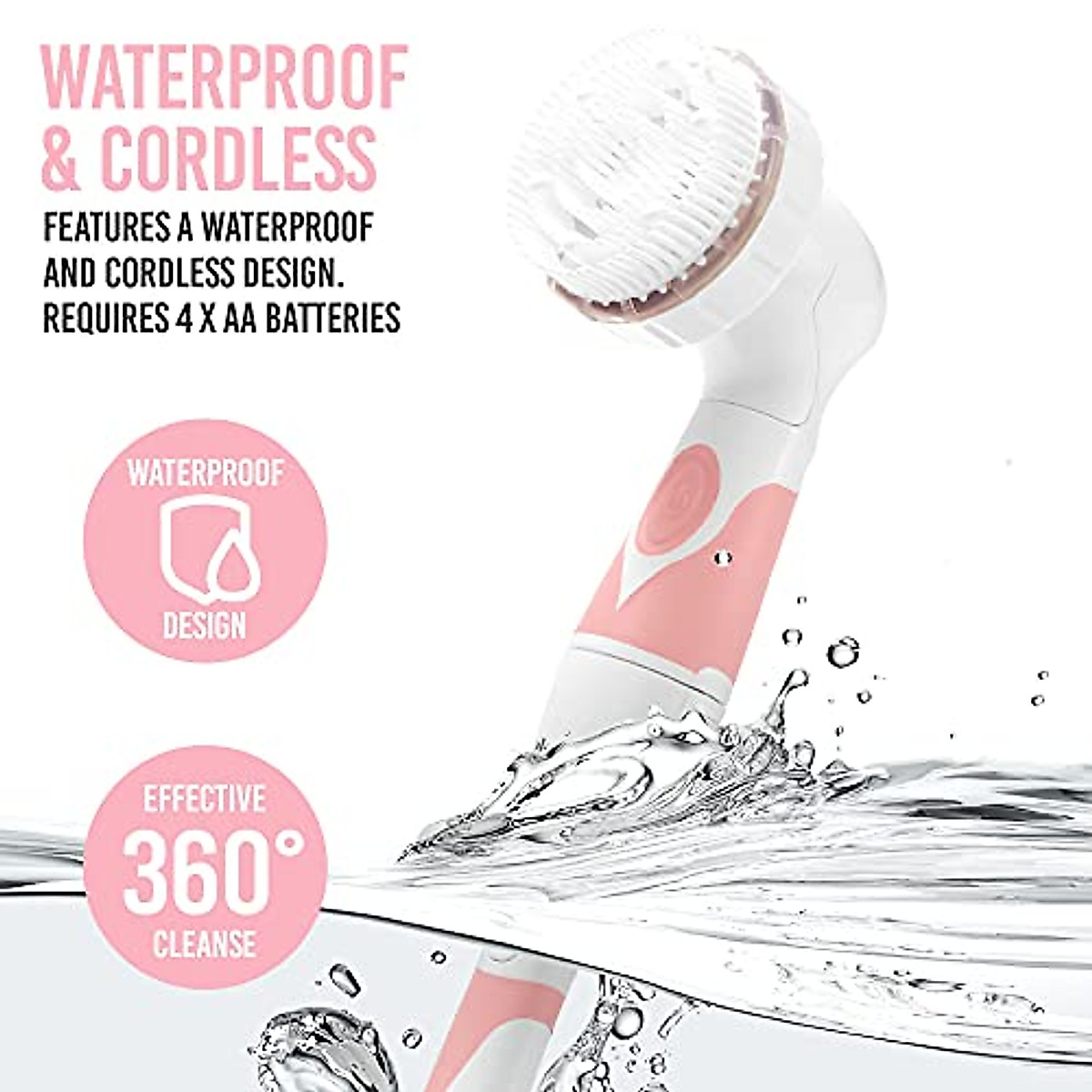 Brookstone 6 Piece Electric Body Bath Brush | Long Handled Body Scrubber and Facial Cleansing Brush | Battery Powered Shower Brush with 4 Spin Brush Heads