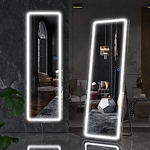 Vierose 63" x 20" Full Length Mirror with Lights and Stand - Wall Mounted and Floor Mirror, LED Lighted Full Body Dressing Mirror, Large Vanity Mirror for Bedroom, Dimming & 3 Color Modes, Black