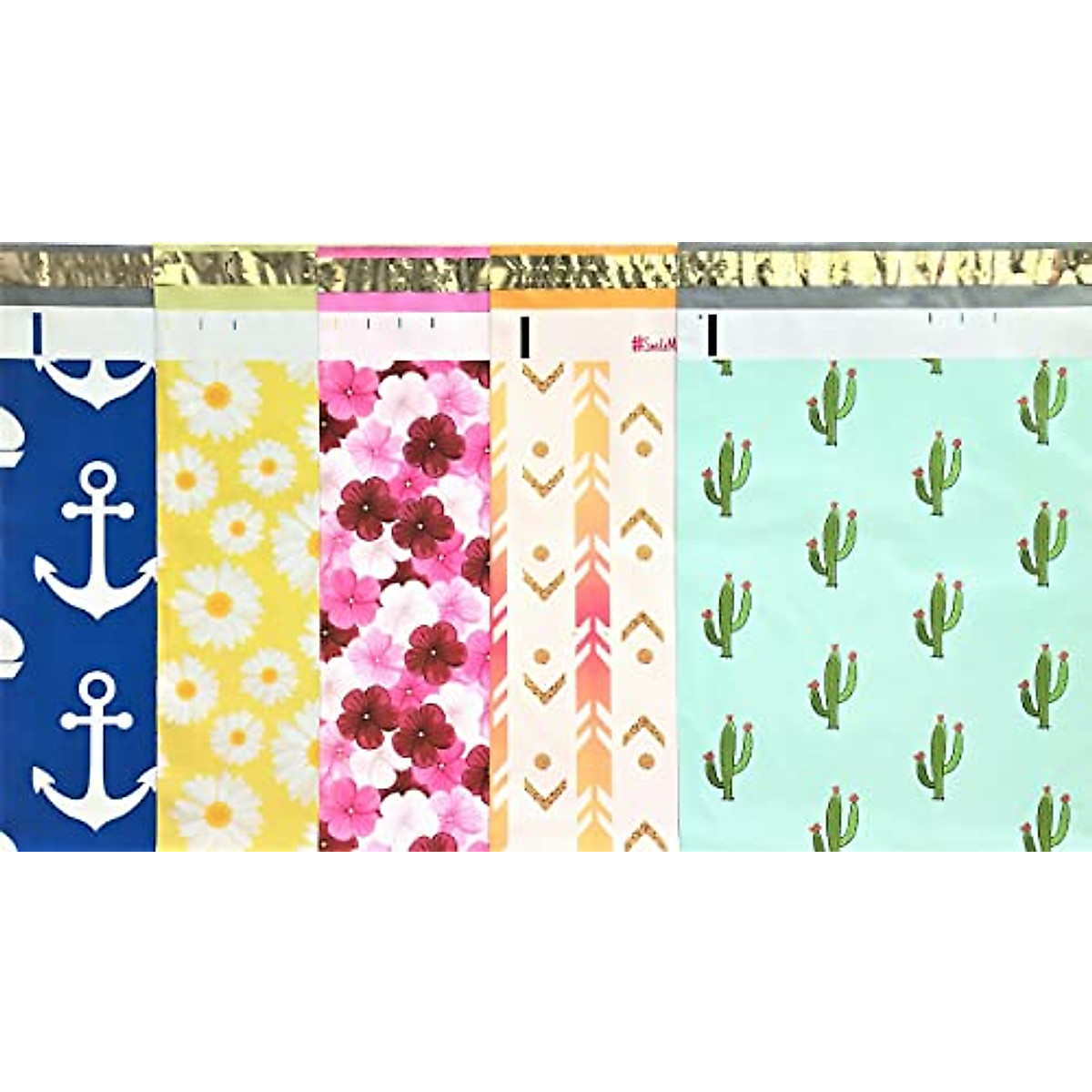 Designer Poly Mailers 10x13: Sample Variety Pack ~ Anchor, Daisy, Hibiscus, Arrow, Cactus, Pink & Mint Aloha, Watermelon, Flamingo, Pineapple Printed Self Sealing Shipping Poly Envelopes Bag (30 Pcs)