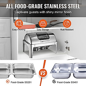 VEVOR Roll Top Chafing Dish Buffet Set, 9 Qt, Stainless Steel Chafer with 2 Half Size Pans, Rectangle Catering Warmer Server with Visible Lid Water Pan Stand Fuel Holder Clip, for at Least 9 People