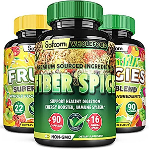 3 Packs - 90 Vegan Capsules Fruits and Veggies Supplement and Fiber & Spice - Extract for Skin, Hair, Nail, Immune, Digestion & Energy Support - 59in1 with Apple, Grape, Carrot, Broccoli & More