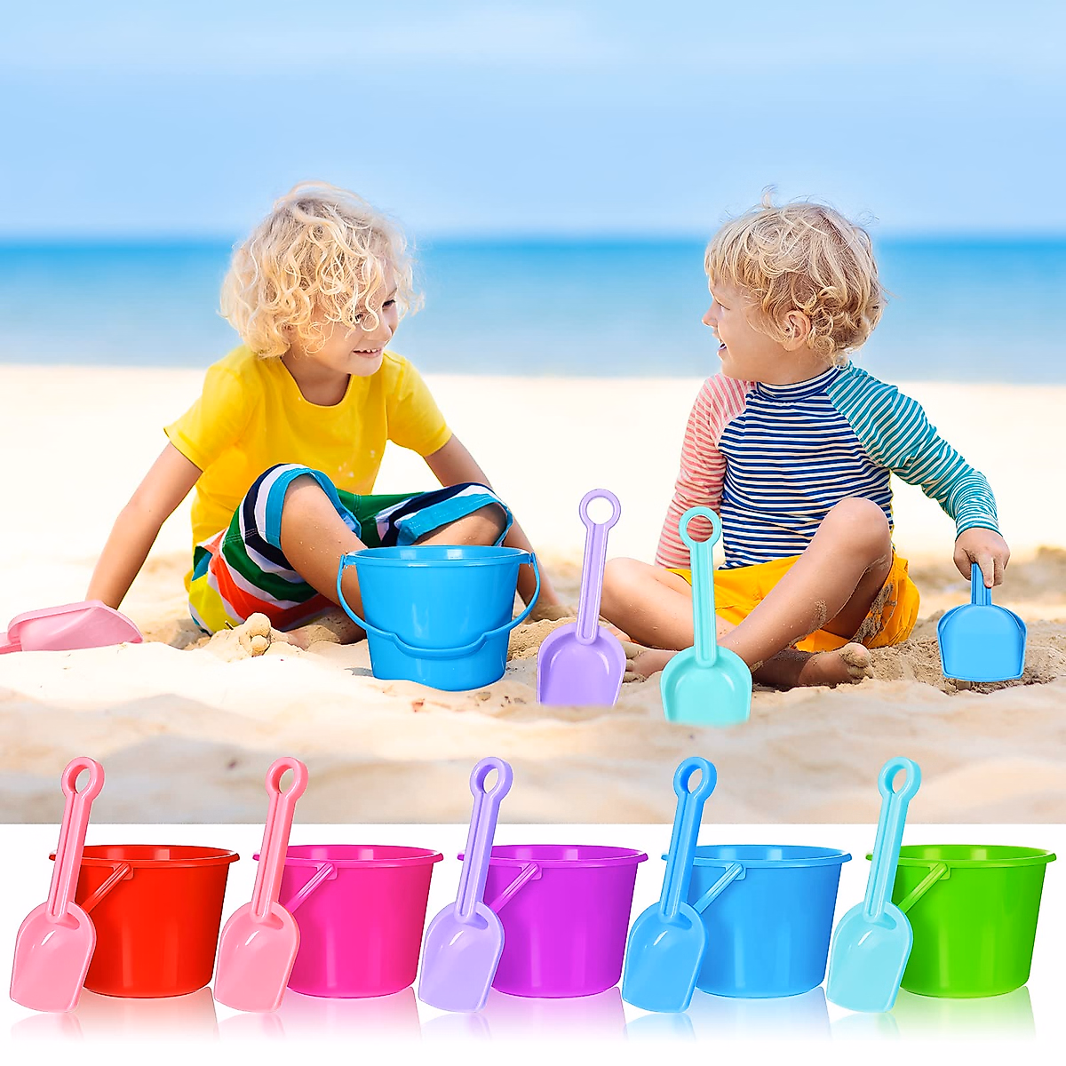 Junkin 24 Sets Beach Sand Buckets and Shovels for Kids Bulk 6.3" Small Beach Pails and Sand Toys for Summer Holiday Party- 24 Bucket+24 Shovels (Cute)