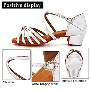 DKZSYIM Women's Satin Latin Dance Shoes Ballroom Salsa Performance Practice Dancing Shoes,LP-ZS-White-3.5,US 8