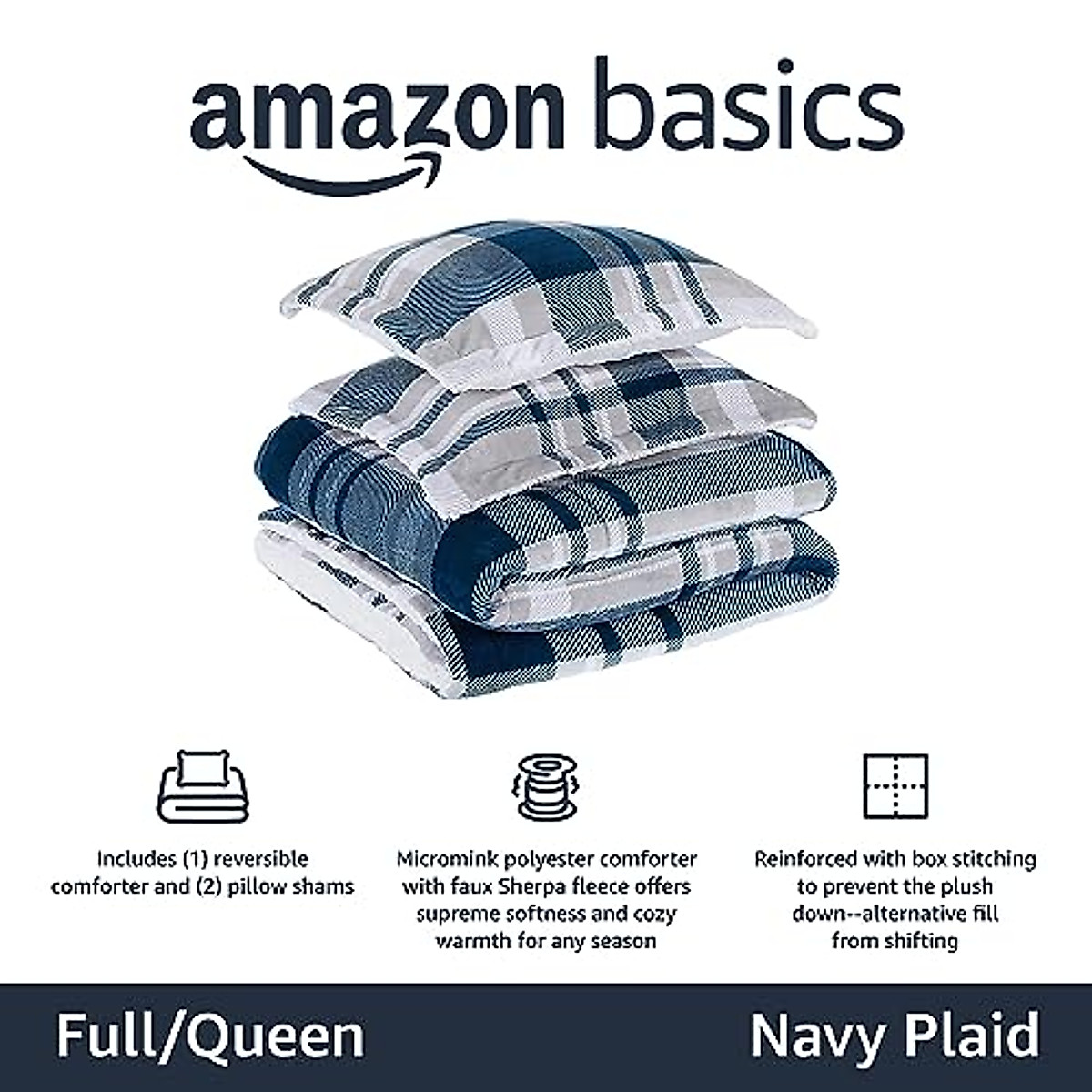 Amazon Basics Ultra-Soft Micromink Sherpa 3-Piece Comforter Bed Set, Full/Queen, Navy Plaid