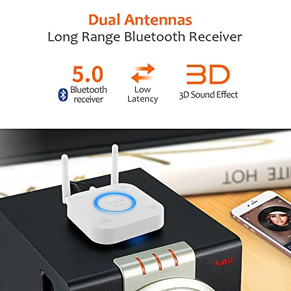 [Upgraded] 1Mii Bluetooth 5.0 Receiver, Long Range HiFi Bluetooth Audio Adapter w/ 3D Surround aptX HD Low Latency, Optical RCA AUX 3.5mm Coaxial for Home Stereo System - B06Pro Grey