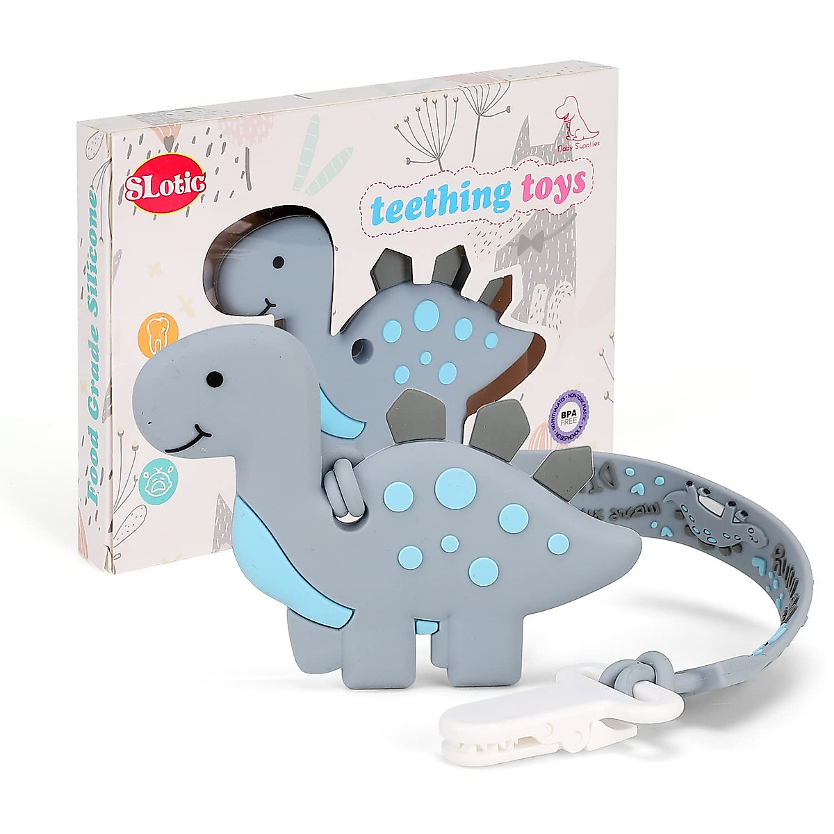 Baby Teething Toys, Dinosaur Teether Pain Relief Toy with One Piece Design Silicone Pacifier Clip Holder Set for Newborn Babies, Freezer Safe Neutral Shower Gift for Boy and Girl(Grey)