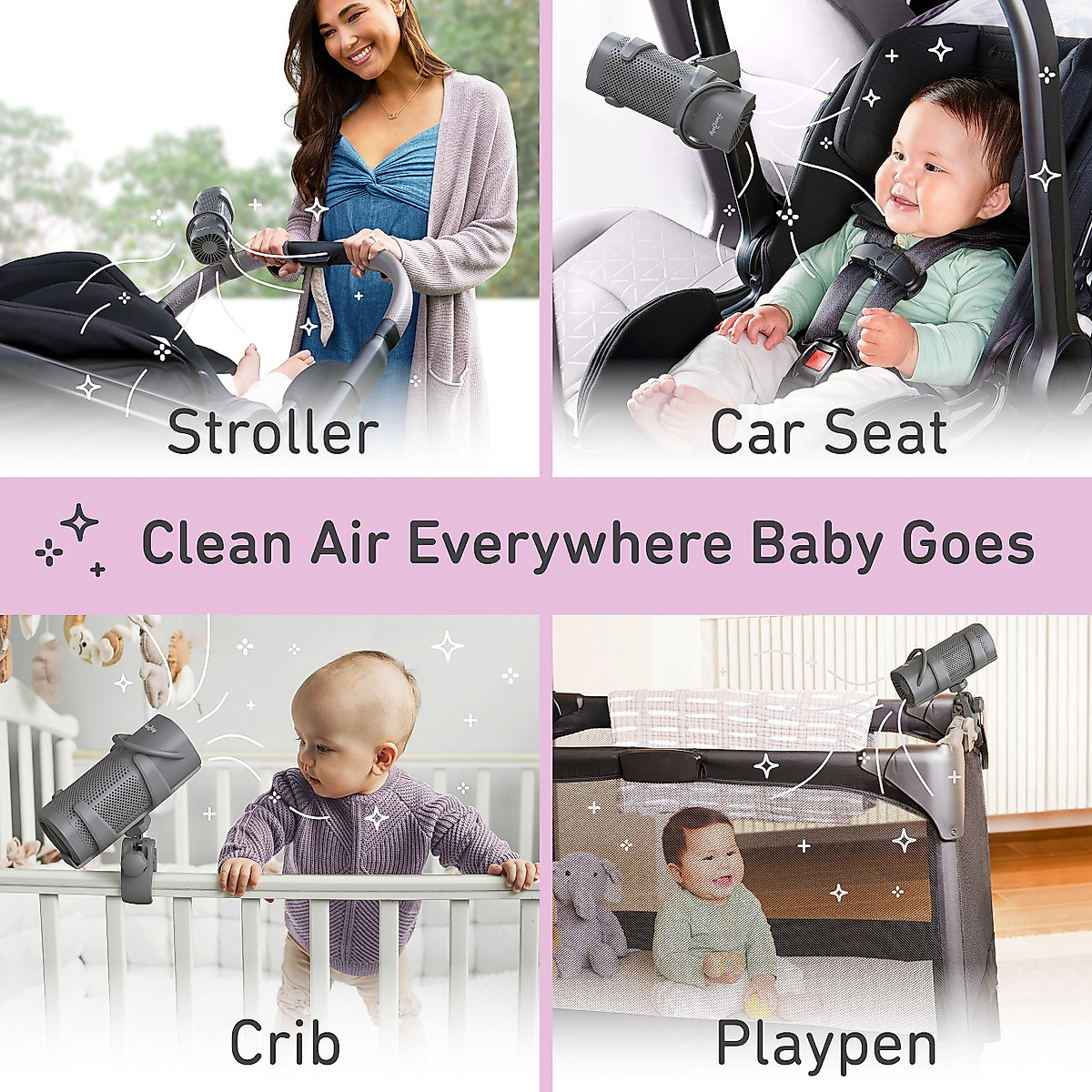 Pure Enrichment PureBaby On-the-Go Air Purifier - Portable Stroller Air Purifier & Adjustable Clamp for Car Seat, Crib, Bassinet & Playpen - True HEPA Filter Removes 99.97% of Allergens Around Baby