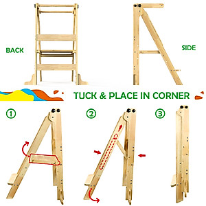 Toddler Tower Foldable - Kids Kitchen Step Stool with 3 Adjustable Heights & Safety Rail, Montessori Tower with Chalkboard for Learning, Standing Tower Helper Stool for Kitchen Counter Sink (Natural)