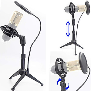Desktop Microphone Tripod Suspension Stand with Shock Mount Anti-Vibration Mic Holder and 4" Round Mask Shield Double-Net Wind Screen Pop Filter (Large, Black)