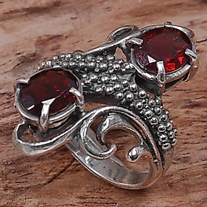 NOVICA Artisan Handmade Garnet Cocktail Ring from Indonesia Sterling Silver Red Multi Stone Aurora Birthstone [ring Front 1.3 in H x 0.9 in W x 0.3 in D Band Width 4 mm W] ' Magical Union in Red'