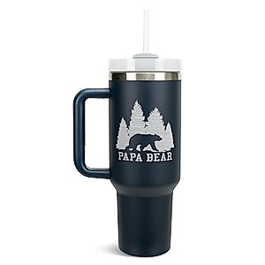 Elanze Designs Papa Bear Forest Trees Dad Grandpa 40 oz. Stainless Steel, Large Water Bottle Coffee Mug, Spill & Leak Resistant, Thermal Travel Tumbler with Handle, Lid & Straw, Navy Blue