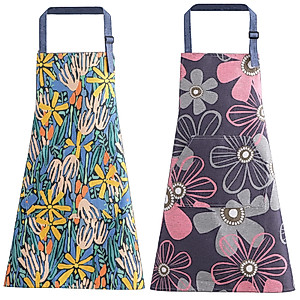 2PCS Floral Aprons for Women with Pockets, BOCTTCBO Adjustable Cute Cooking Aprons for Kitchen Baking Gardening Cleaning (floral)
