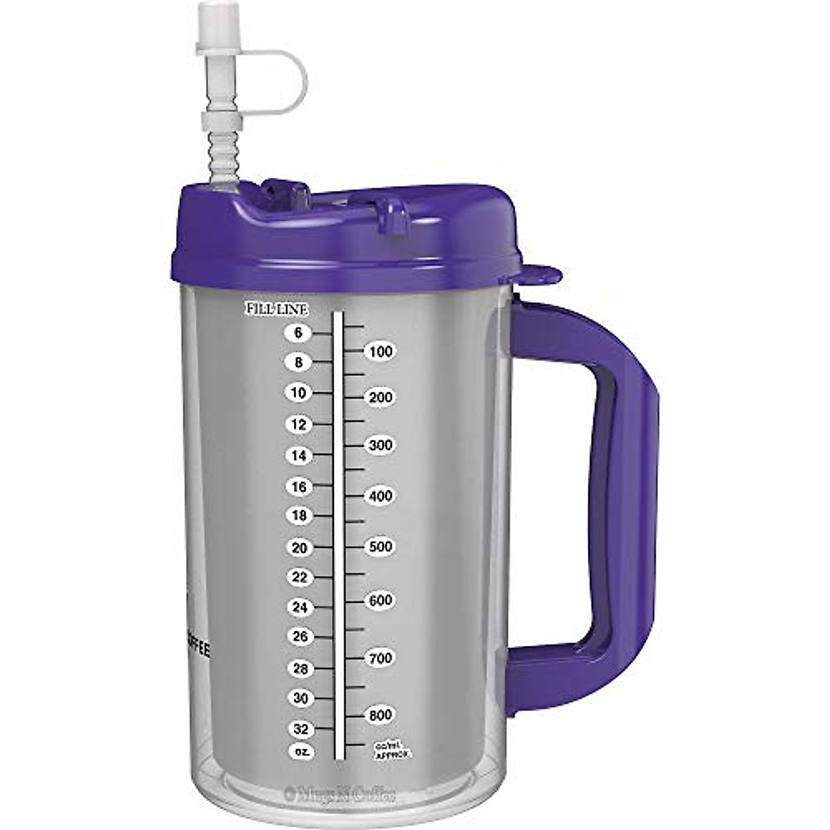 32 oz Double Walled Hospital Mug with Straw - Purple Lid and Handle - Mugs N Coffee