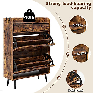 Shoe Cabinet Storage for Entryway, Narrow Shoe Organizer Cabinet with 2 Flip Drawers & 2 Fabric Drawers, Farmhouse Freestanding Big Shoe Storage Cabinet with Robust Legs, Rustic Brown