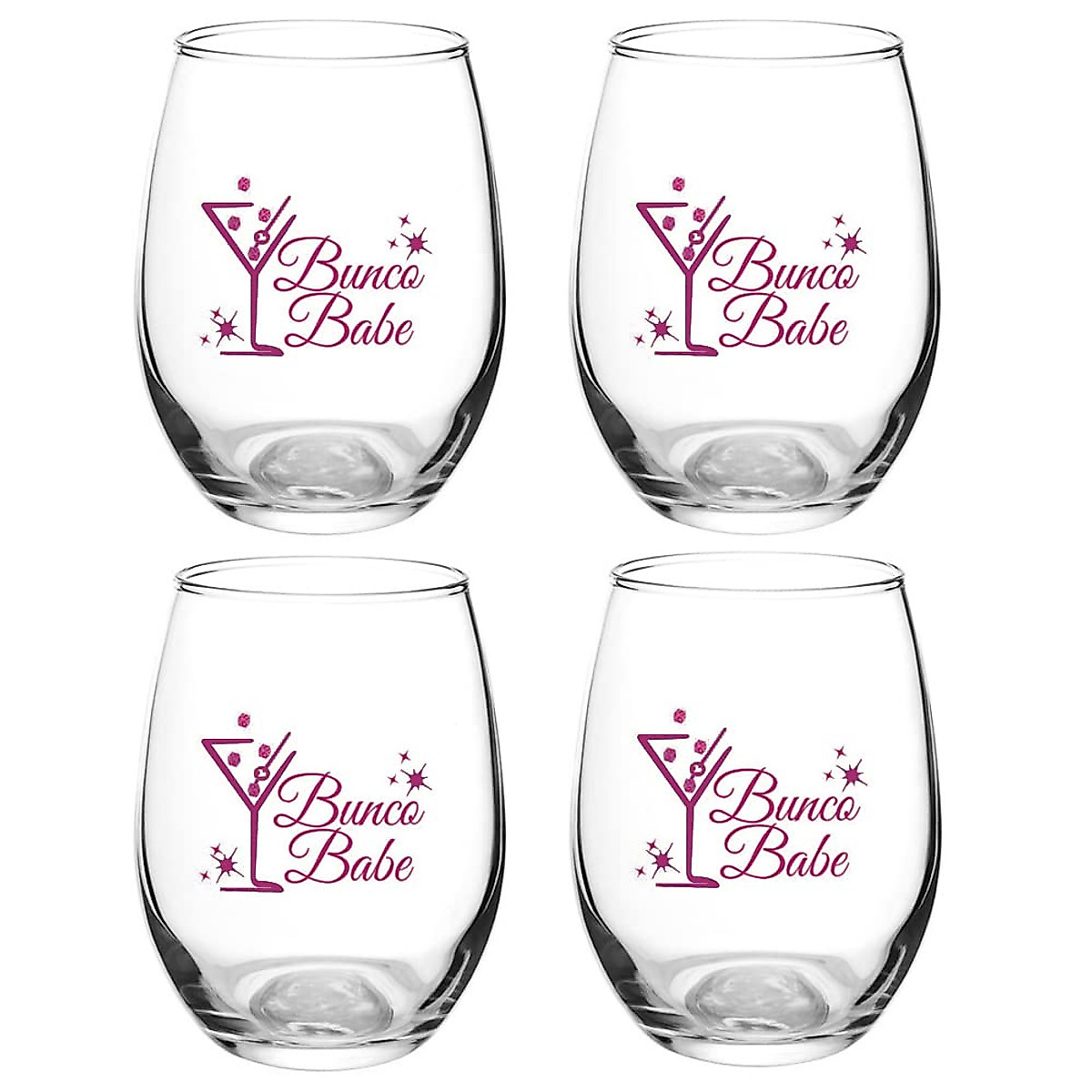 Bunco Babe Plastic Wine Glasses - Set of 4 Pieces of Average Quality Plastic. Very Affordabe Bunco Gifts. Fill with Wine or Candy. Wine Glasses hold 12oz and measure "3.75 x 2.75". Perfect Bunco Party