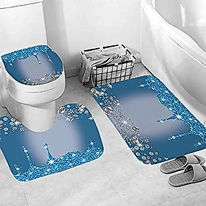 4Pcs Glitter Diamond Shower Curtain Sets Bathroom Set Decor with Non-Slip Rugs Bath U-Shaped Mat Toilet Lid Cover Blue Sliver Shiny Drip Bathroom Curtains Shower Set with 12 Hooks, 70.8×70.8
