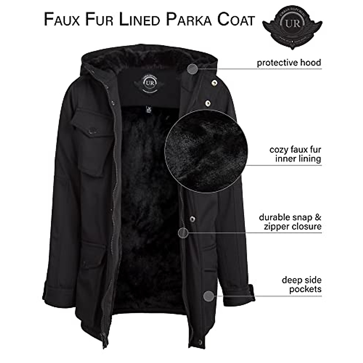 URBAN REPUBLIC Boys' Winter Jacket - Shell Parka Coat with Faux Fur Lined Hood, Size 10/12, Jet Black