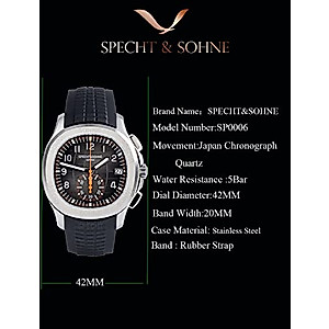 Specht&Sohne Men's Quartz Watches for Men Chronograph Display Waterproof 42mm Steel Sports Watches Luminous Rubber Strap Waterproof Analogue Wrist Watch (Blue)