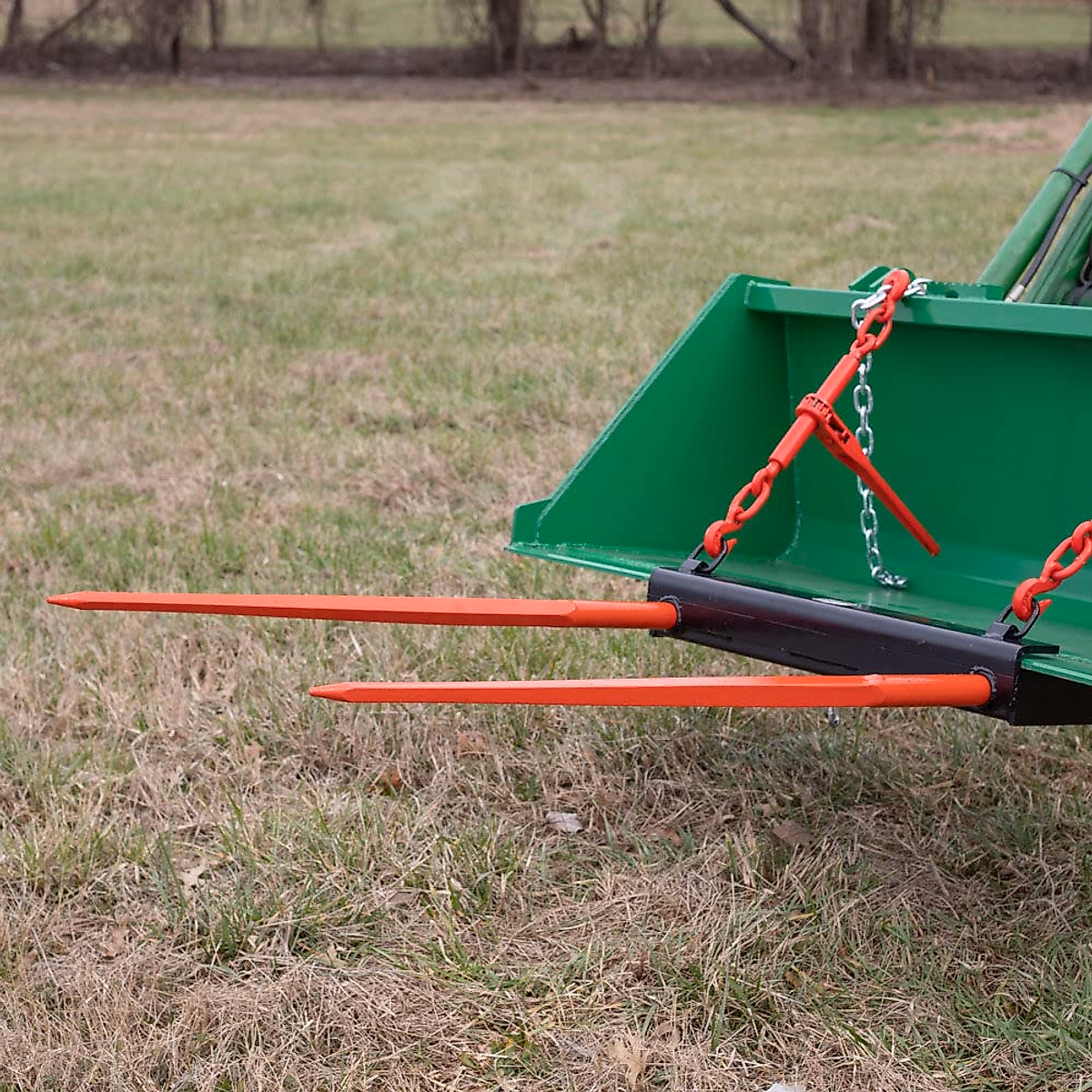 Titan Attachments Dual Prong 49" Hay Bale Spear Attachment, Universal HD Front Skid Steer Tractor Loader Bucket Attachment, 3000 LB Capacity, Conus 2 Tines, Chains and Ratchet Binders Included