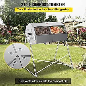 VEVOR Compost Tumbler, 71 US Gallons, Rustproof Stainless Steel Dual-Chamber Garden Composter, Heavy-Duty, All-Season Outdoor Compost Bin, Fast-Working System for Composting Kitchen ＆ Yard Waste