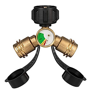 Kohree Propane Splitter, 2 Way Propane Tank Y Splitter Adapter with Gauge, LP Gas Tee Connector Adapter for 20lb Propane Cylinder, BBQ Grill, Gas Burner, Camping Stove, Heater, RV Camper