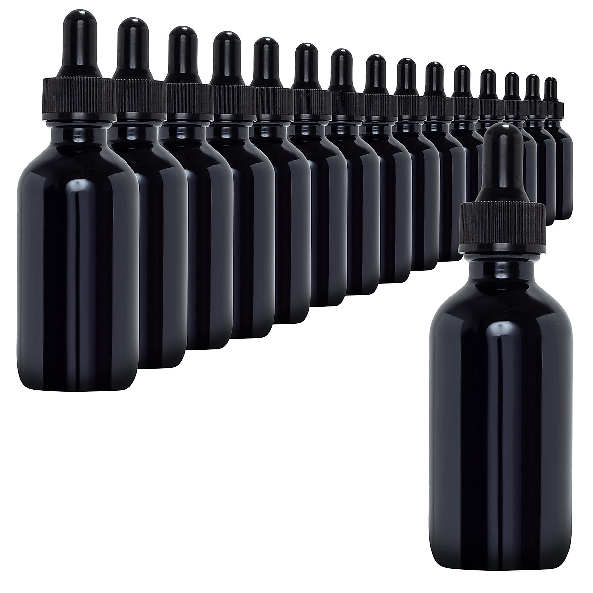 Brilliant Black 2-ounce Boston Round Tincture Bottles With Droppers- Black Glass Droppers for Essential Oils and Serums-Not Painted or Coated Complete UV Protection Bundled In 24 Pack For Bulk Needs