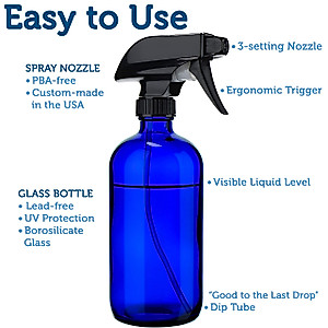 Empty Blue Glass Spray Bottles (2 Pack) - BPA Free - Large 16 oz Refillable Bottle for Plants, Pets, Essential Oils, Cleaning Products - Black Trigger Sprayer w/Mist and Stream Settings