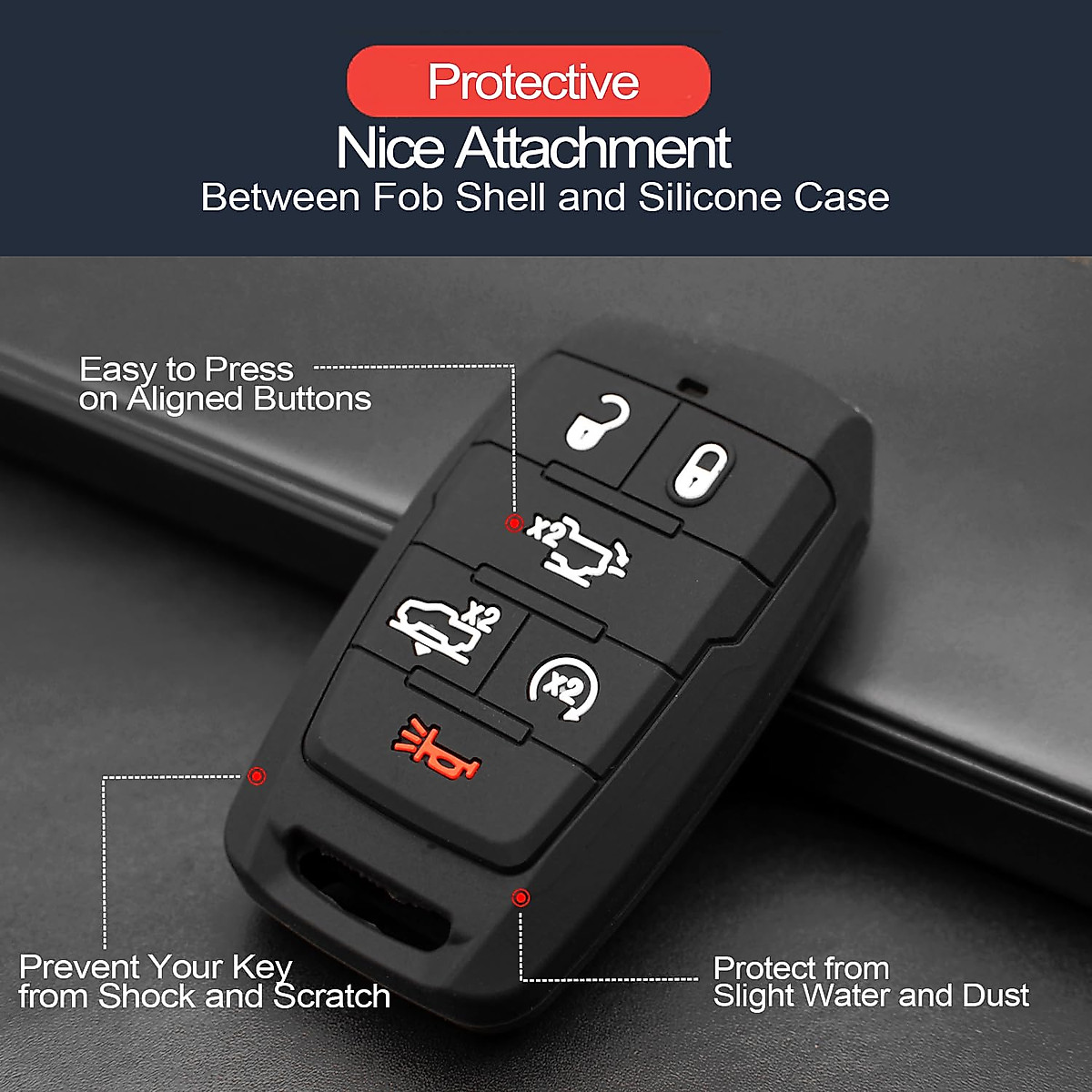 INFIPAR 2pcs Compatible with RAM 1500 6 Buttons Black Key Fob Cover Case Key Chain Protector Keyless Remote fit RAM 1500 Truck Pickup Only for Push Button Start