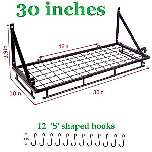 30" Wall mounted pots and pans rack. Pot holders wall shelves with 12 hooks. Kitchen shelves wall mounted with wall hooks. Kitchen storage pot holder pot rack. Pot pan organizer. Pot Pan rack.